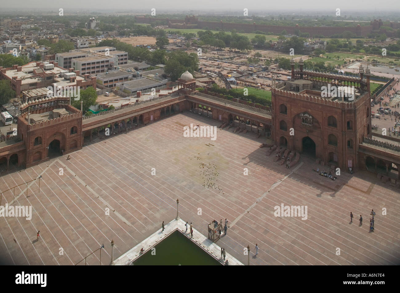 aerial of courtyard from tower of Jama Masjid Old Indian Mosque 1658 AD ...