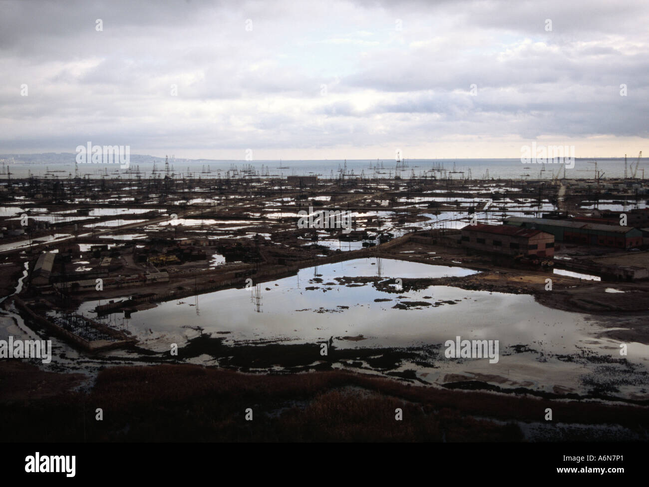 The surreal landscape of an oil field on the Caspian Sea Baku ...