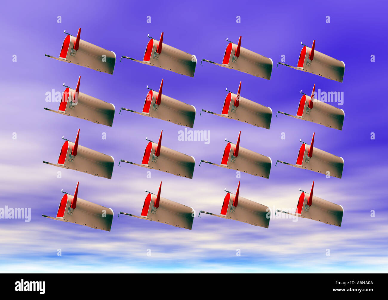 Conceptual image of flying mail boxes Stock Photo - Alamy