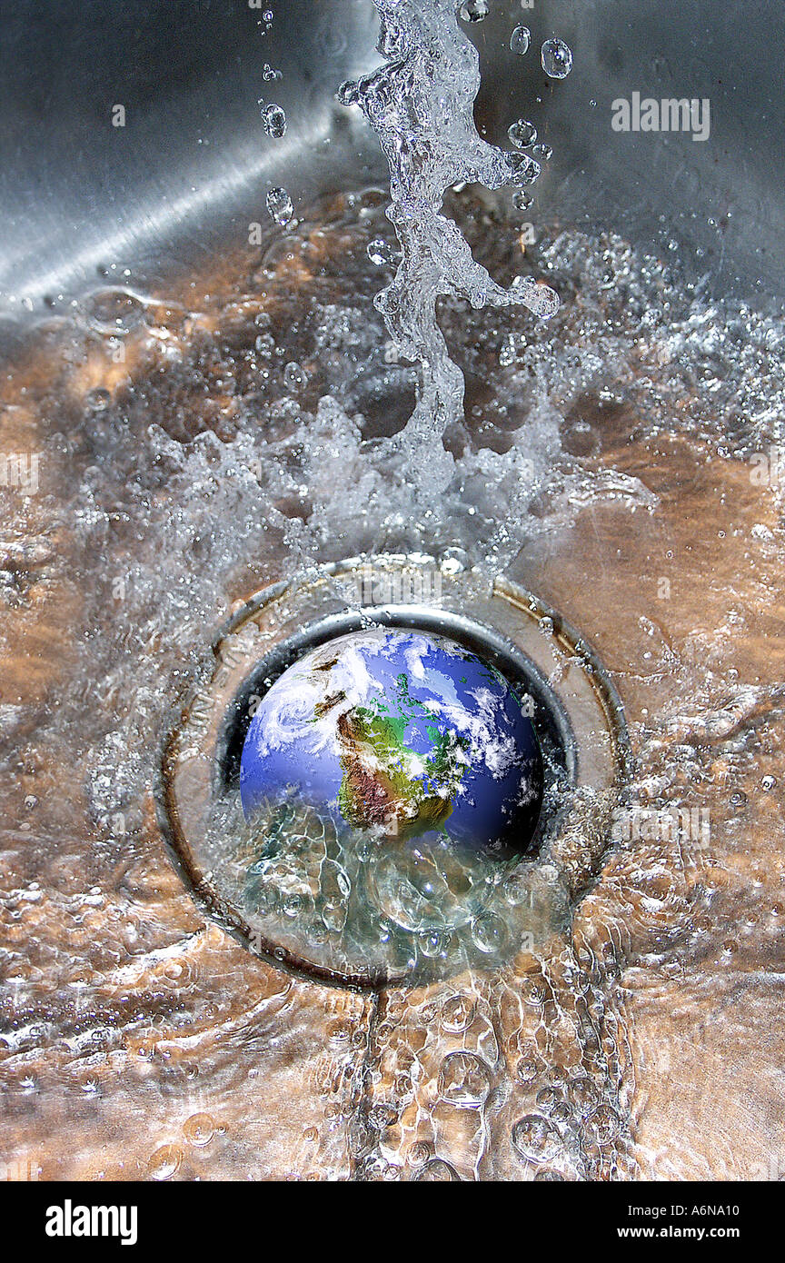 Conceptual image of world going down drain Stock Photo - Alamy