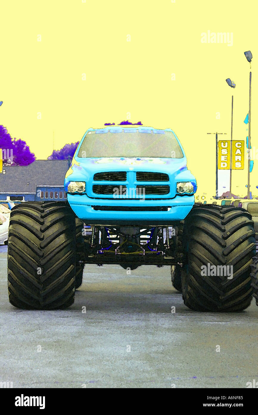 Digital Painting Big Monster Truck in Blue and Yellow Stock Photo - Alamy