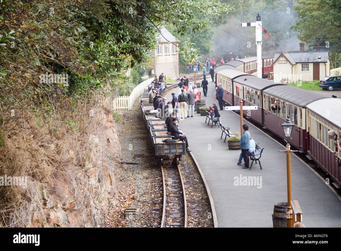 Slate workers riding a gravity train on a Victorian weekend at Tan y ...