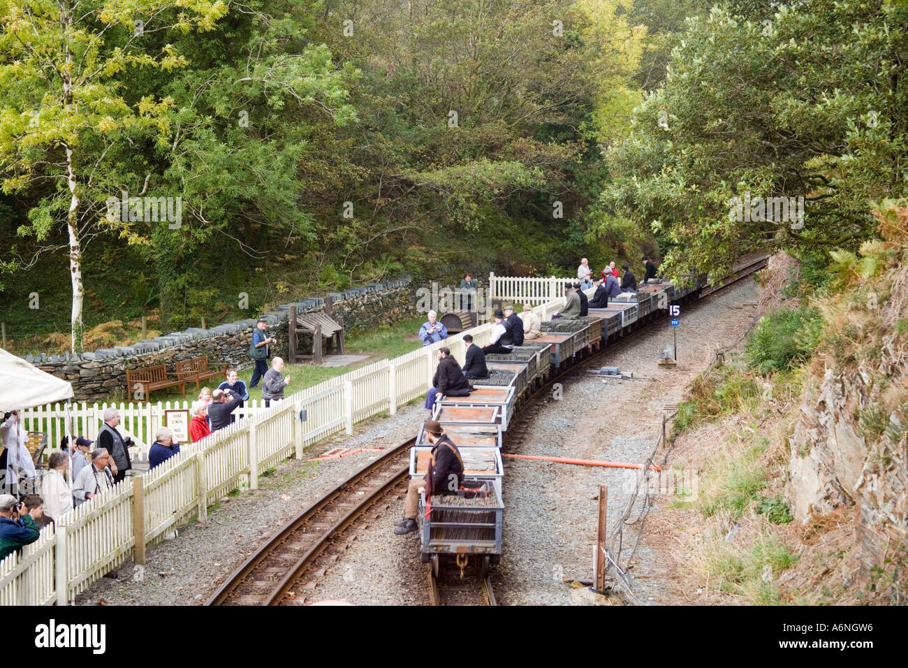 Slate workers riding a gravity train on a Victorian weekend at tan y ...