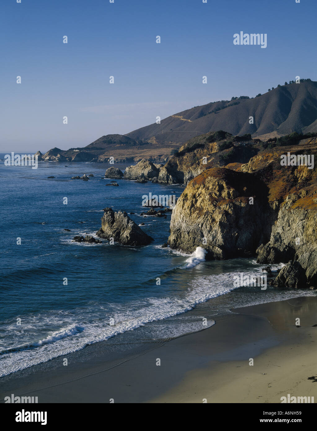 Pacific Ocean Beach and rocky coastline at Big Sur California USA Stock ...