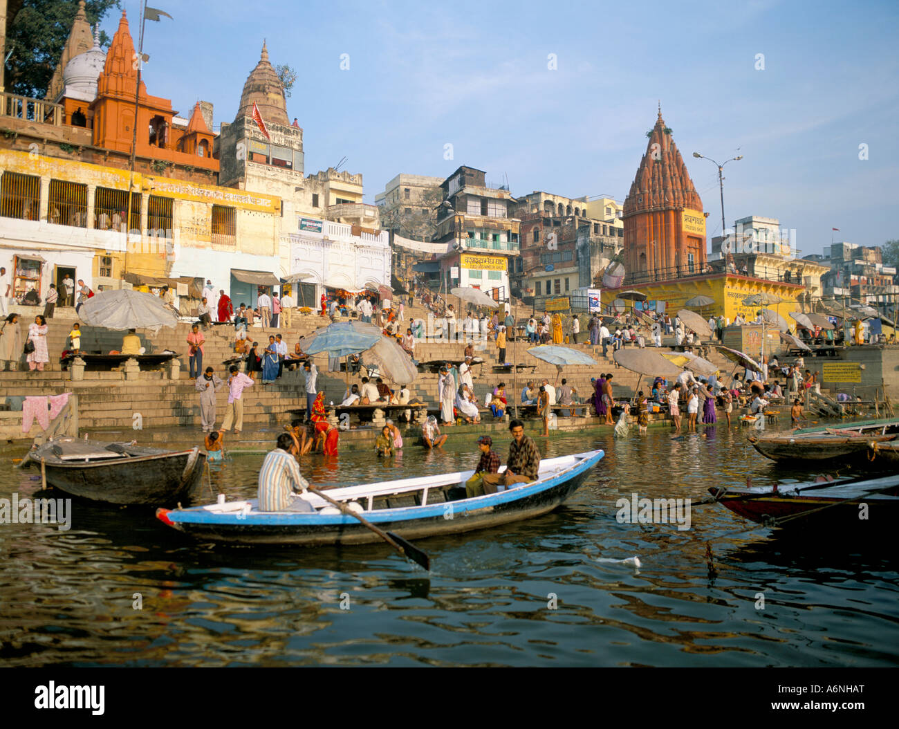 Hindu sacred river Ganges Ganga at Dasasvamedha Ghat Varanasi Benares ...