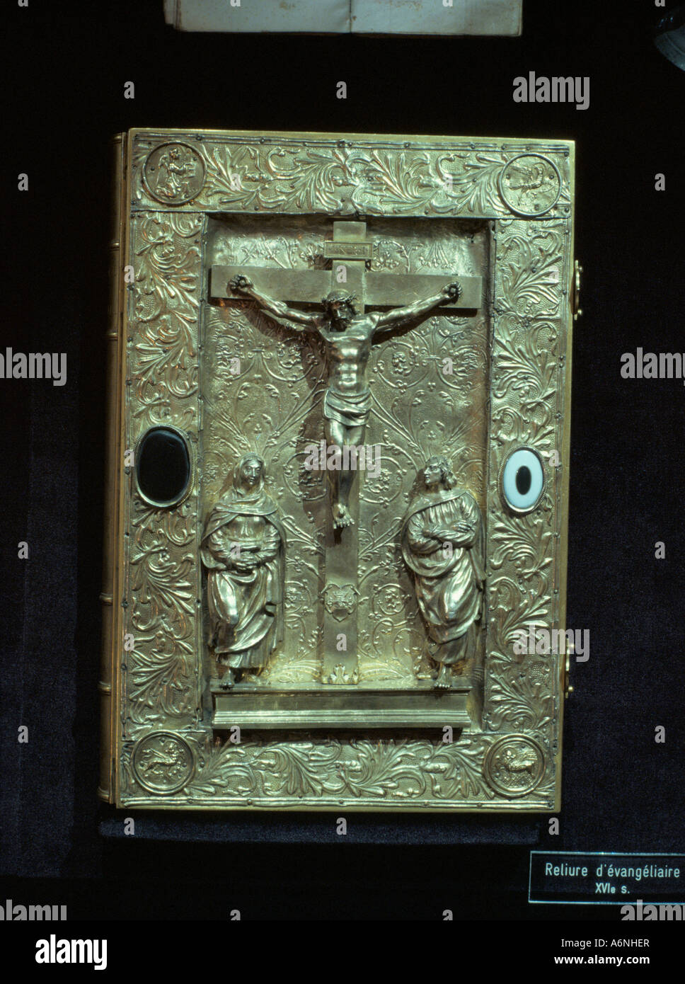 Gold book binding dating from the 16th century showing Christian scene ...