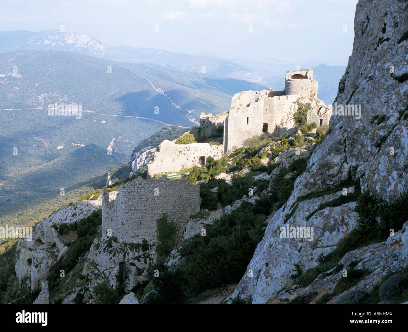 Cathar castle of Peyrepertuse above Duilhac village between Carcassonne ...