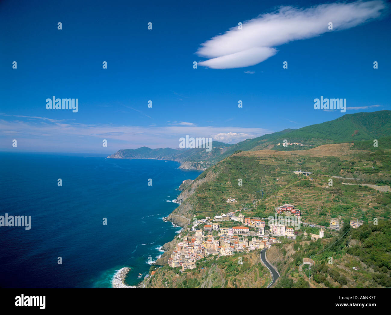 Aerial view of town of Riomaggiore Cinque Terre UNESCO World Heritage ...