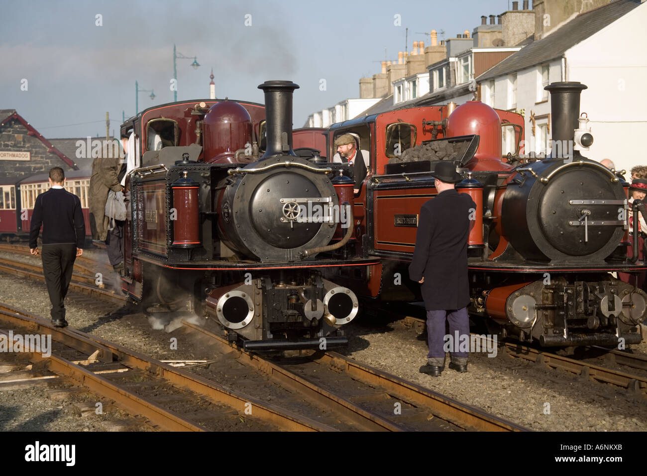 Engine line up at Porthmadog Harbour station,Ffestiniog steam railway ...