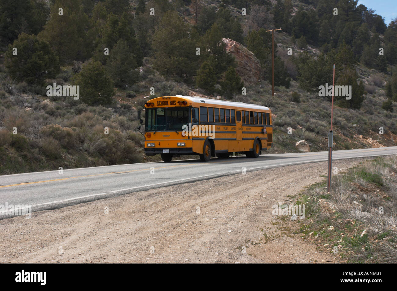 Bear Valley School bus on country road Stock Photo - Alamy