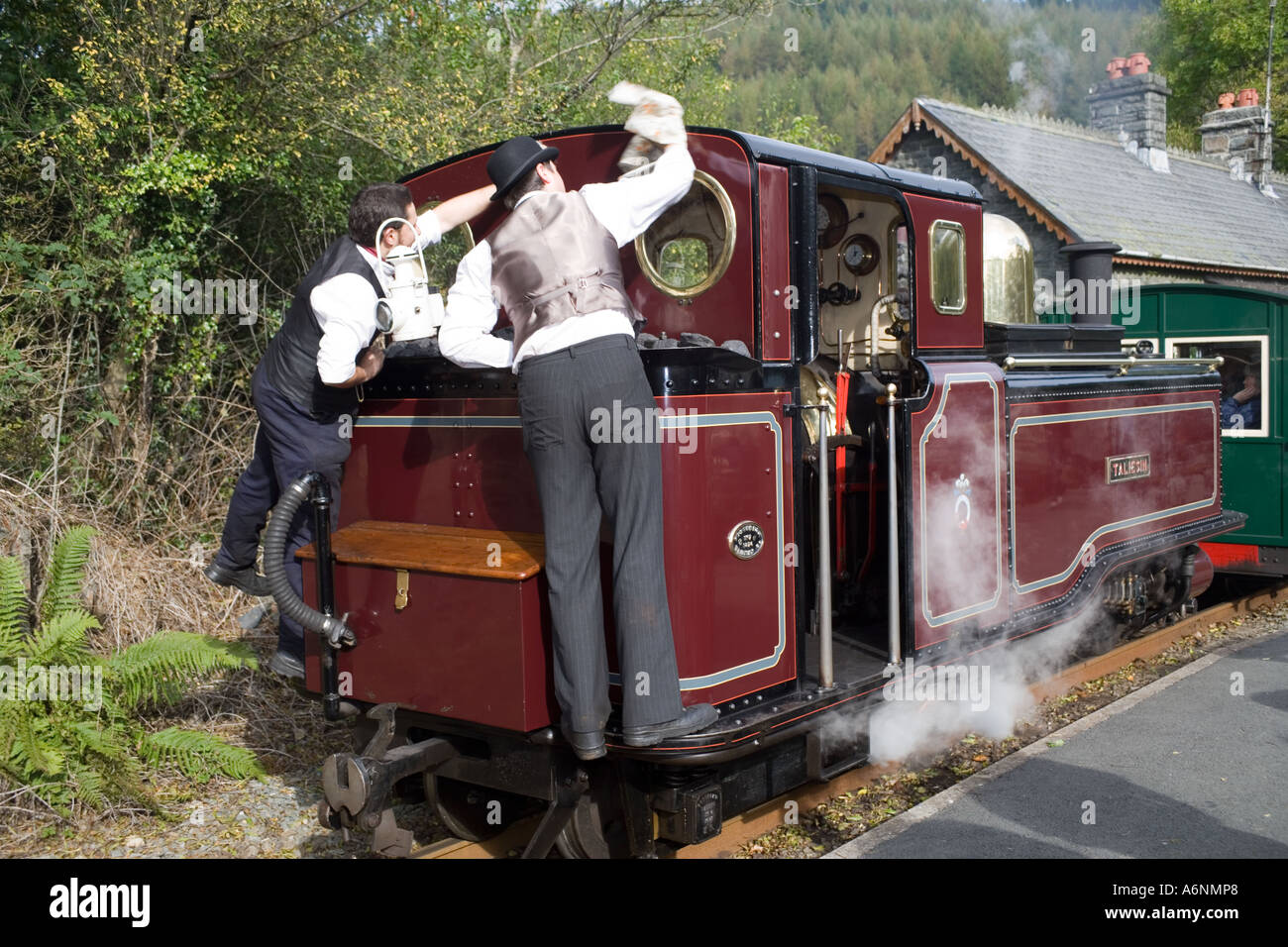 Steam engine driver on a Victorian weekend at Tan y Bwlch station the ...