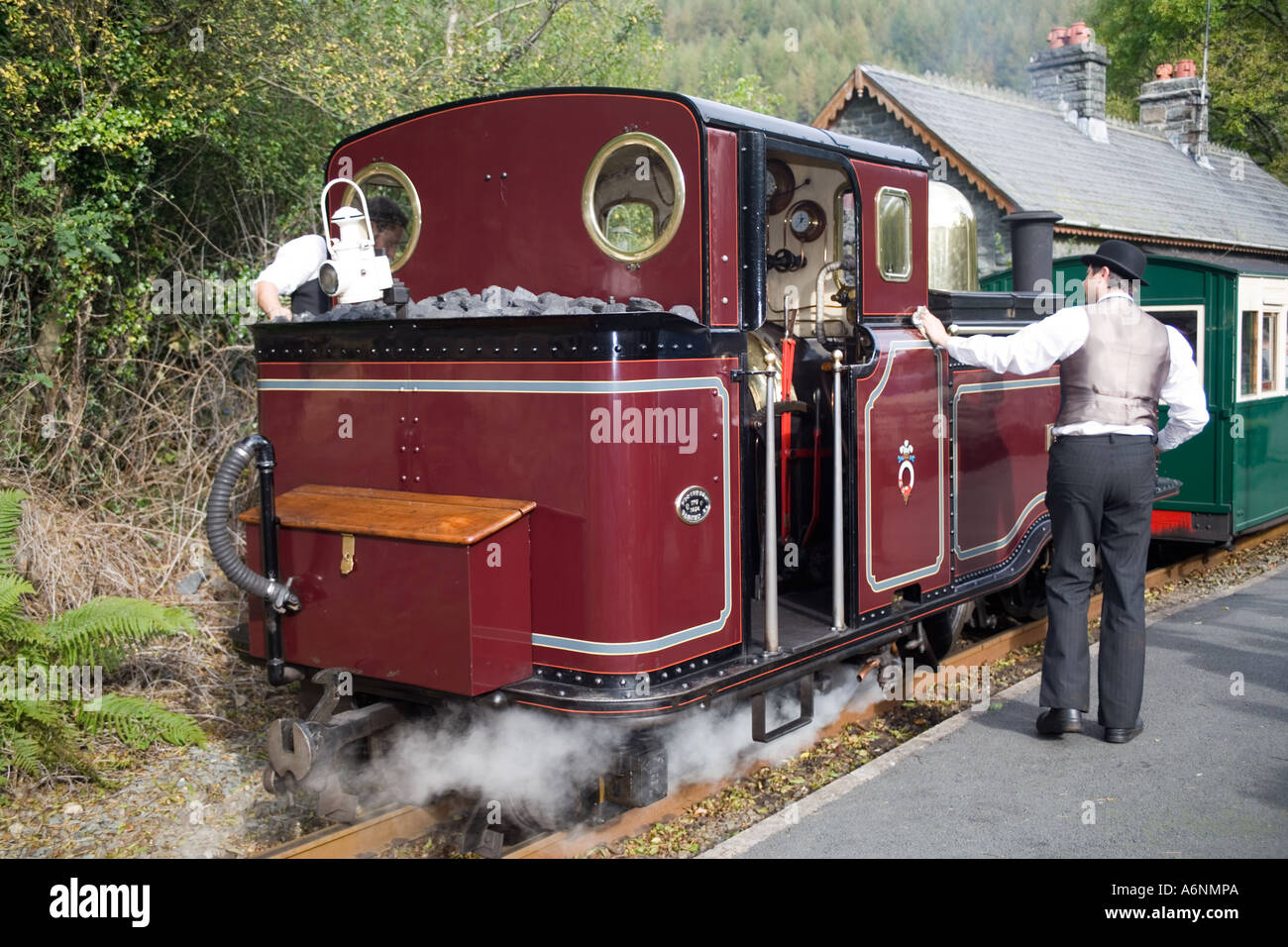 Steam engine driver on a Victorian weekend at Tan y Bwlch station the ...