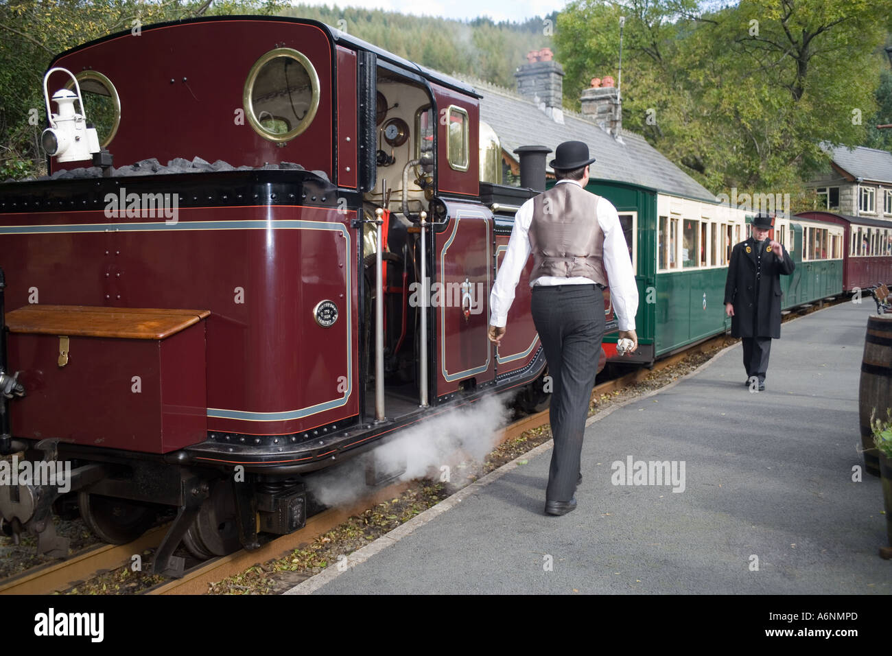 Steam engine driver on a Victorian weekend at Tan y Bwlch station the ...