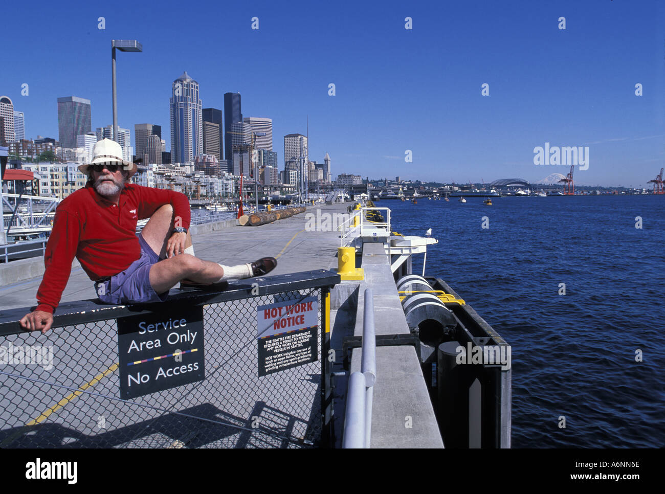 USA Washington Seattle Man watches parade of boats from downtown boat ...