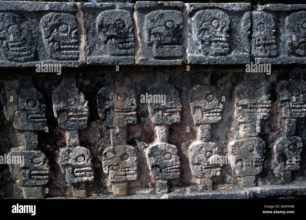 Skullracks Carved skulls line the Tzompantli platform of the skulls ...