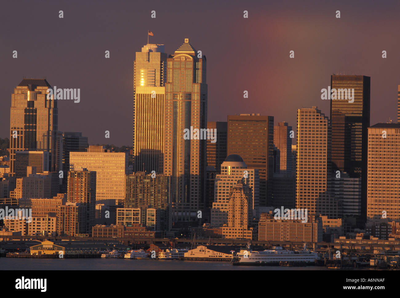 USA Washington Seattle Fragment of rainbow appears behind downtown city ...