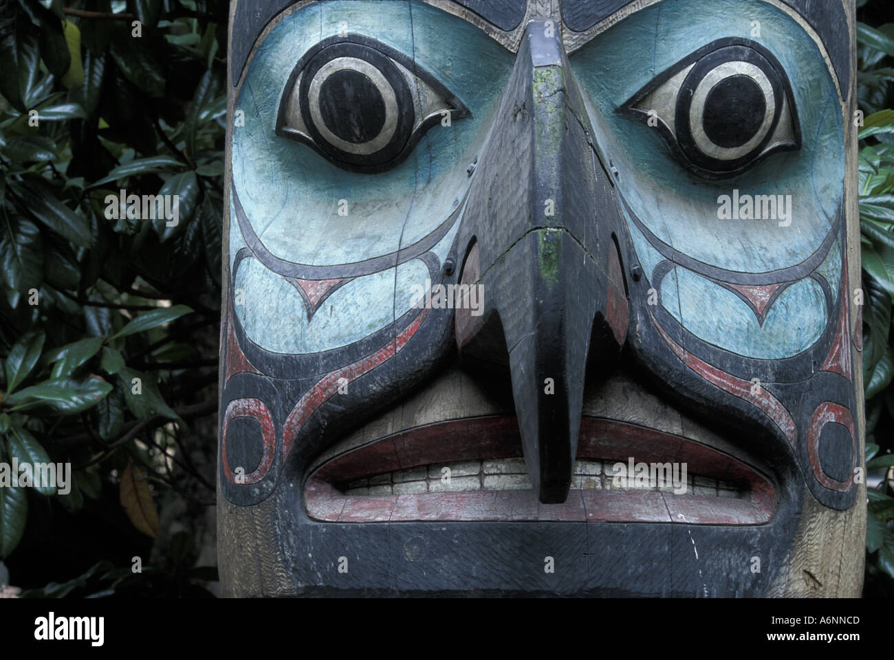 USA Washington Seattle Totem pole located in Pioneer Square on rainy ...