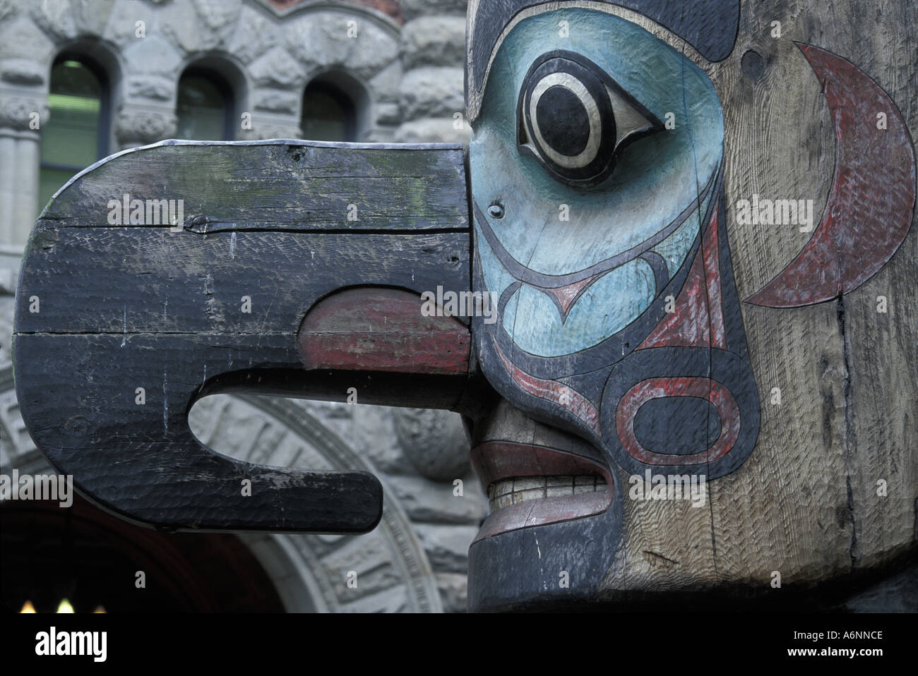 USA Washington Seattle Totem pole located in Pioneer Square on rainy ...