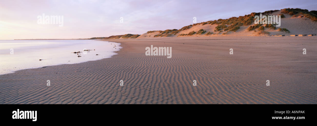 Beach at Alnmouth in dawn light with ripples and sand dunes near ...