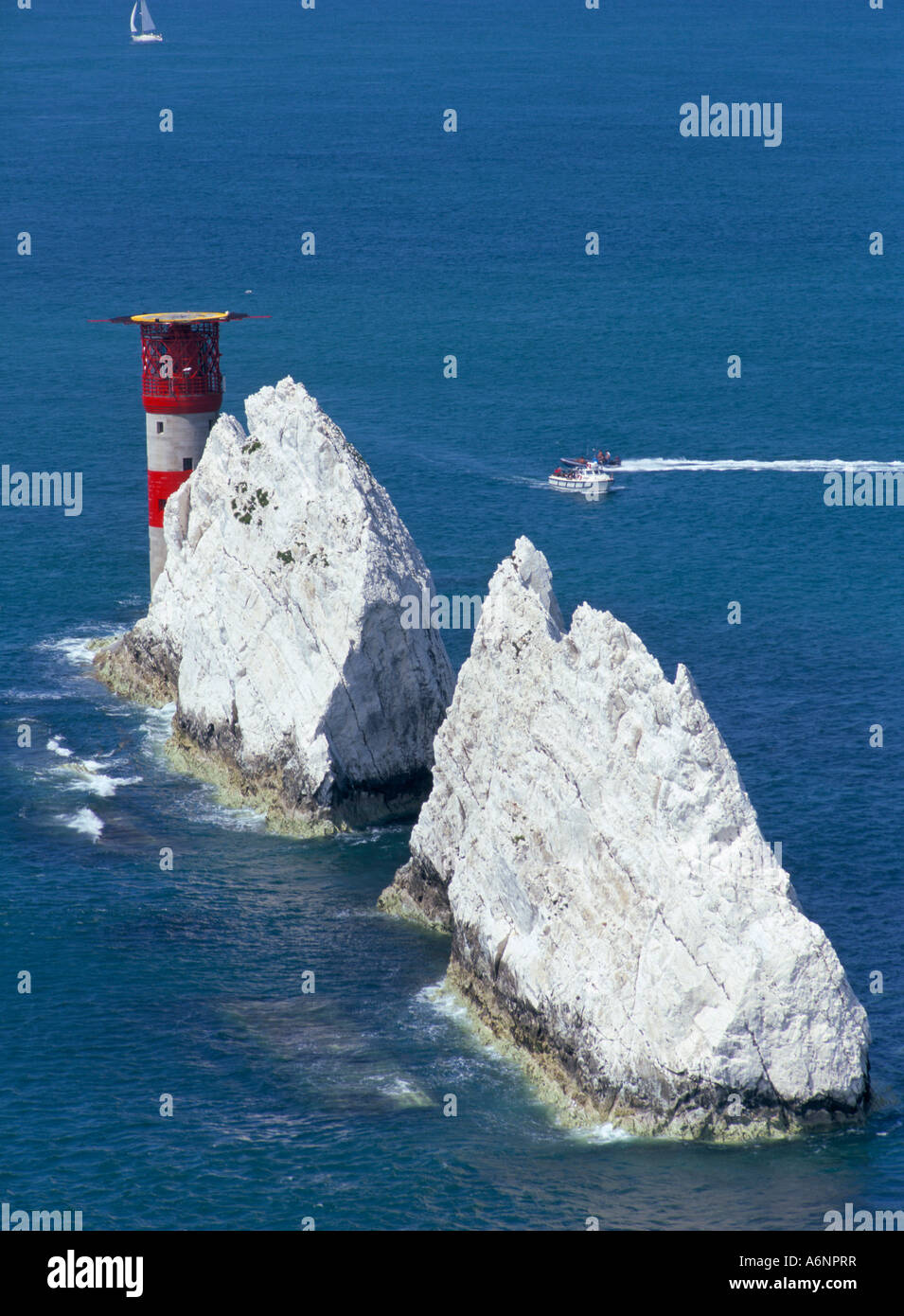 Aerial view of the Needles rocks and lighthouse Isle of Wight England ...