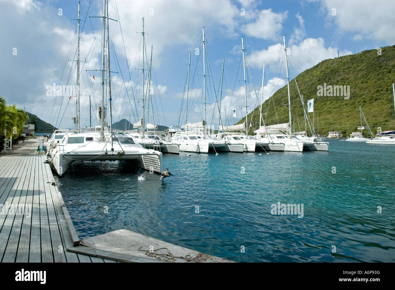 Catamarans moored in a placid deep blue sea at Soper's Hole Wharf ...