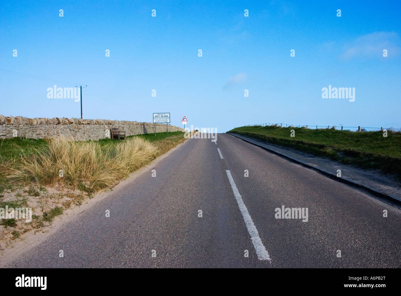 End of causeway, road to Holy Island Stock Photo - Alamy