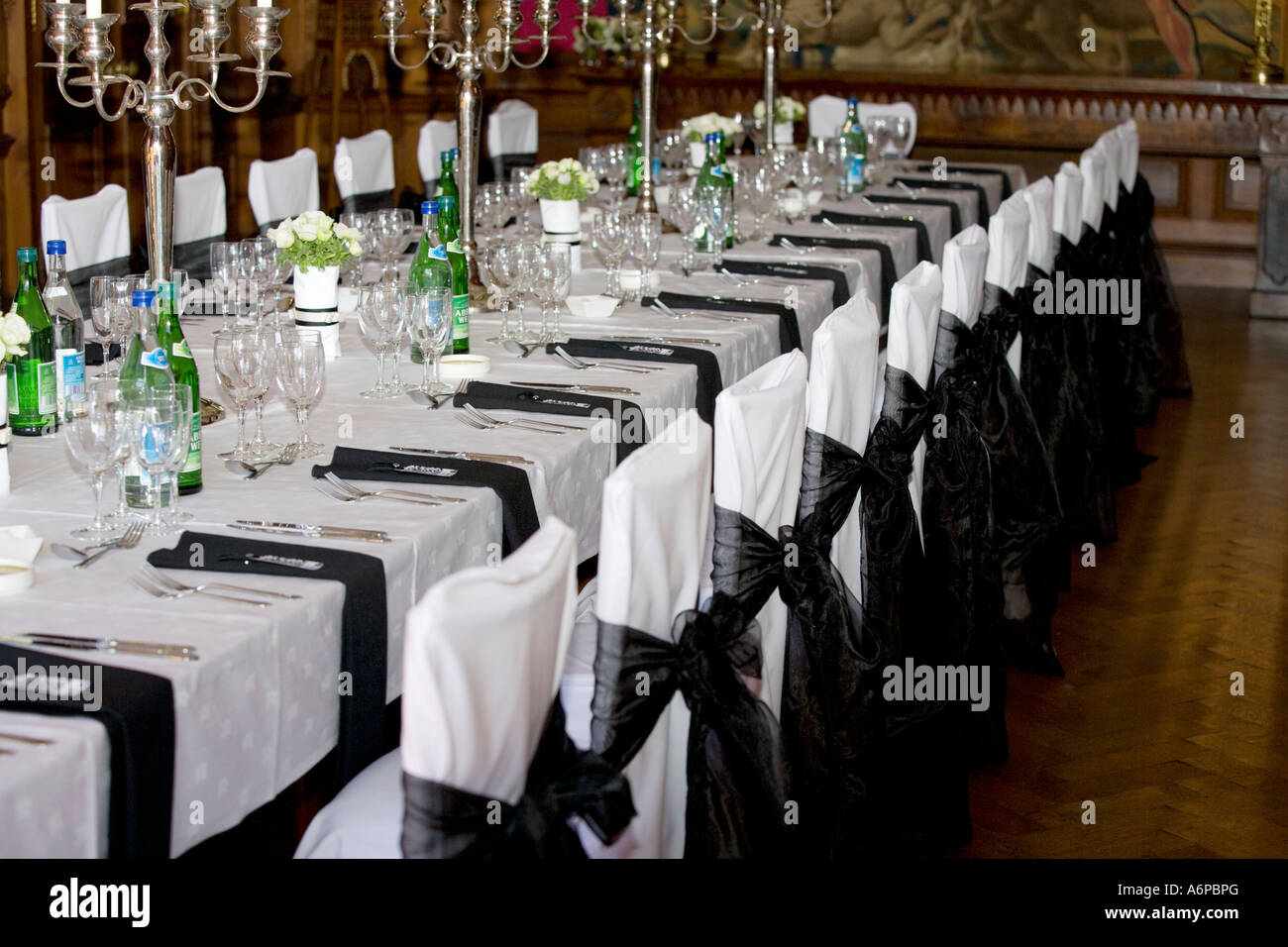 Table laid out for wedding breakfast Stock Photo - Alamy