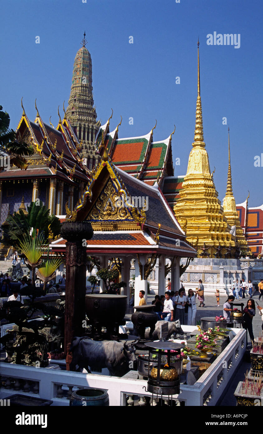 Shrine chedis and roofs at the royal temple Wat Phra Kaew in Bangkok ...