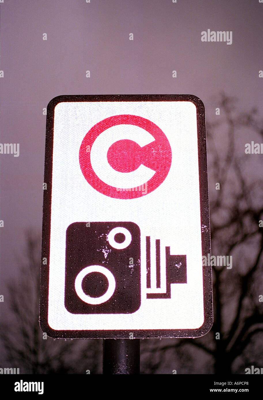 Close-up of Congestion Charge road sign with the Red C and image of a ...