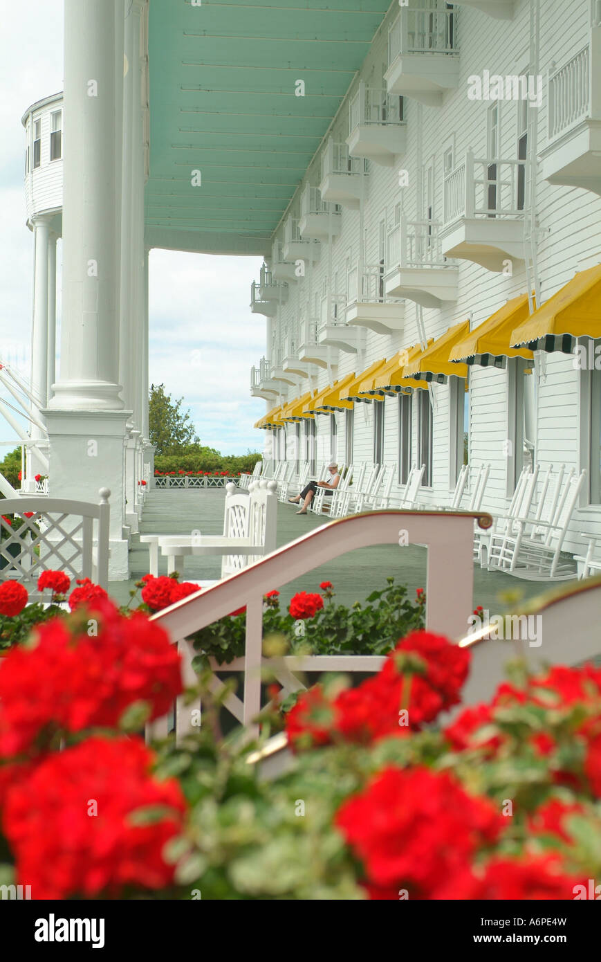 USA Michigan MI Mackinac Island Grand Hotel front porch with rockers ...