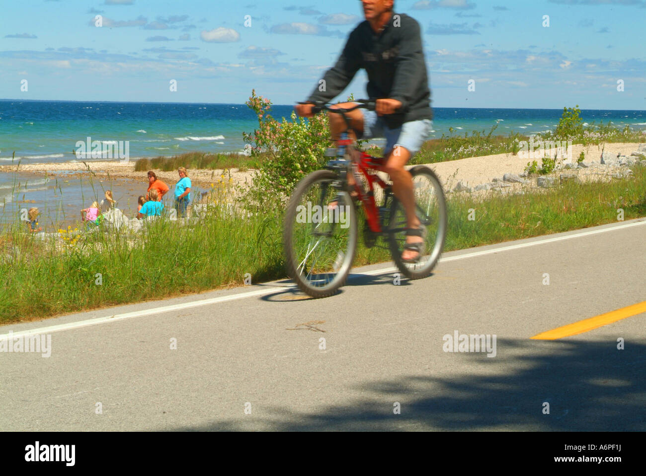 USA Michigan MI Mackinac Island Bicycling around Lake Shore Drive ...