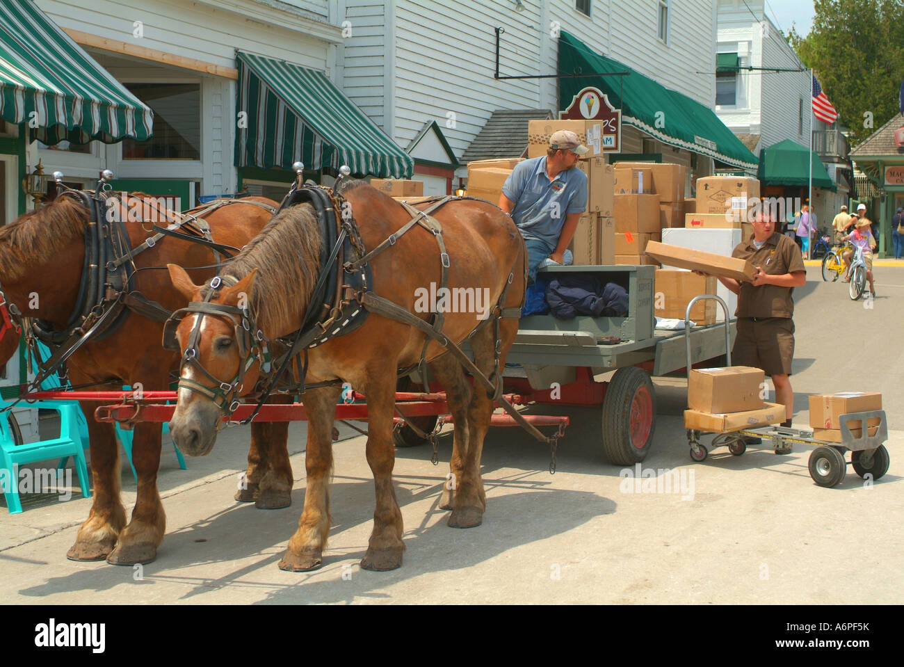 USA Michigan Lake Huron Mackinac Island UPS delivery by horse drawn ...