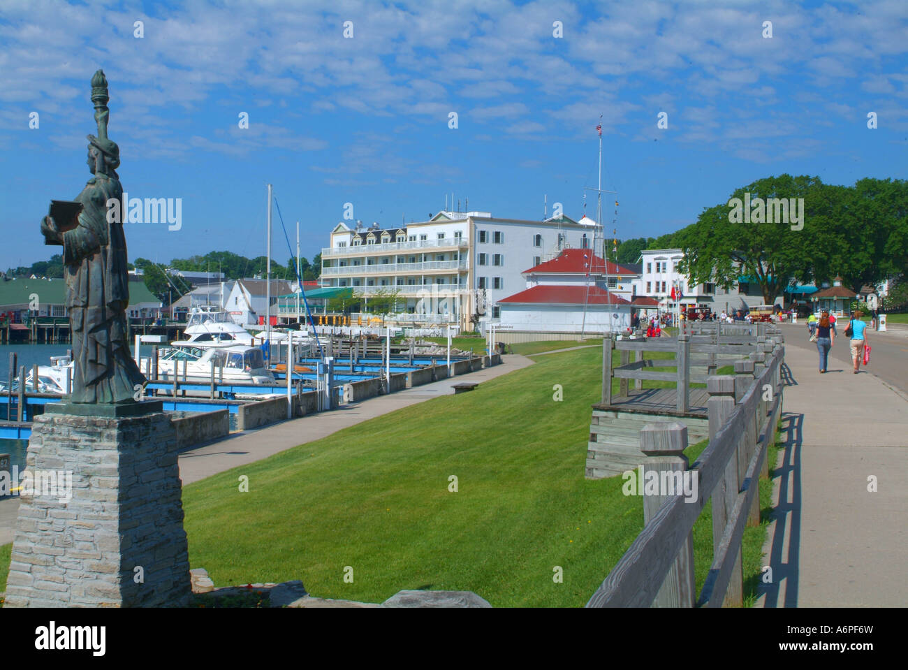 USA Michigan Lake Huron Mackinac Island harbor with Statue of Liberty ...