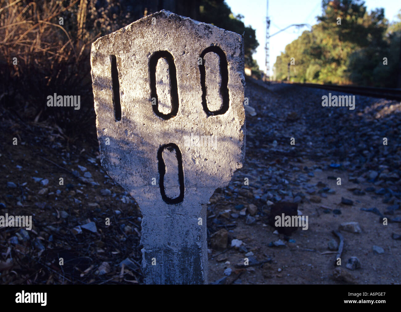 milestone beside railway railroad track Stock Photo - Alamy