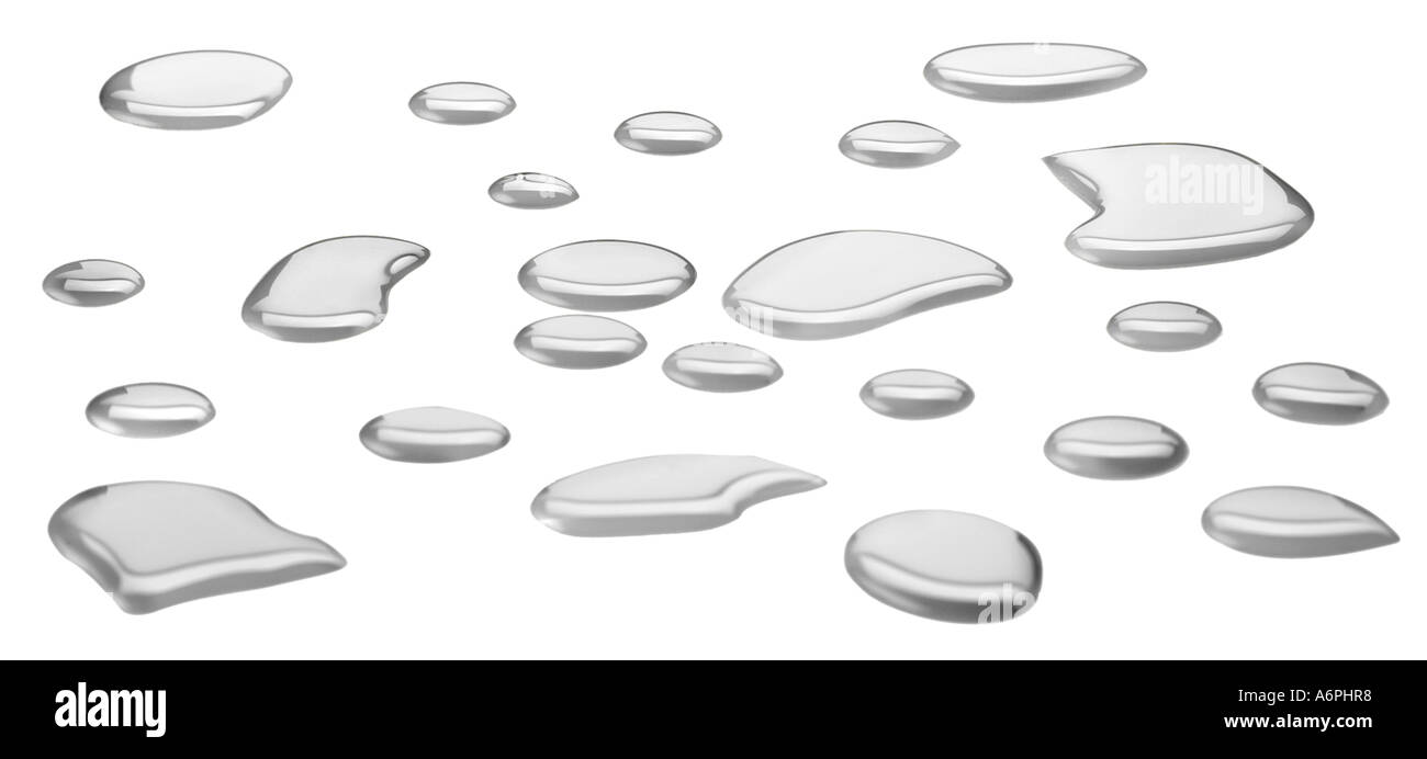 DROPLETS OF CLEAR LIQUID ON A WHITE BACKGROUND Stock Photo - Alamy