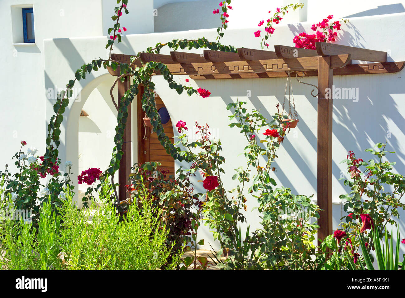 OUTSIDE OF APARTMENT VILLA WITH BEAUTIFUL FLOWERS IN CYPRUS Stock Photo ...