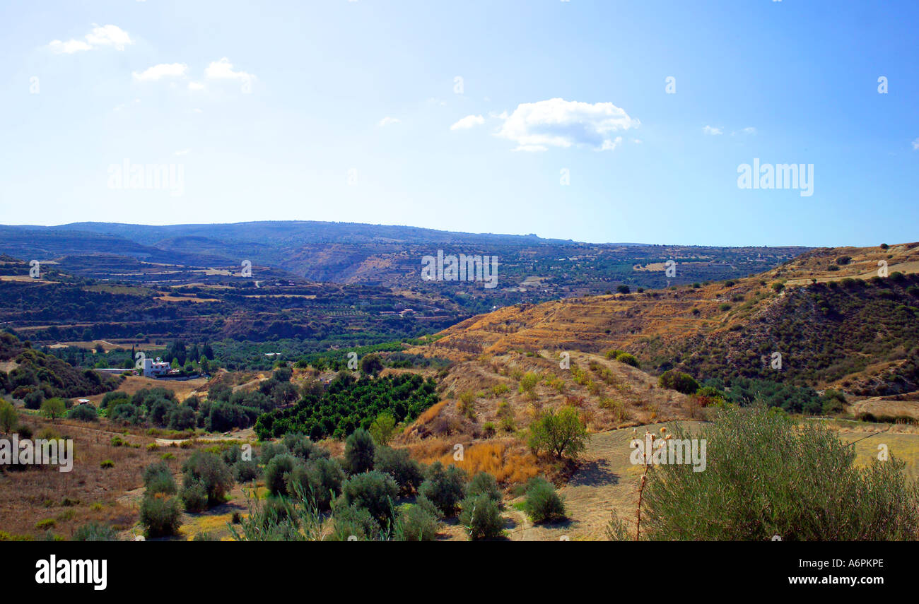 Landscape of cyprus view over hills with blue skies, pathway leading to ...