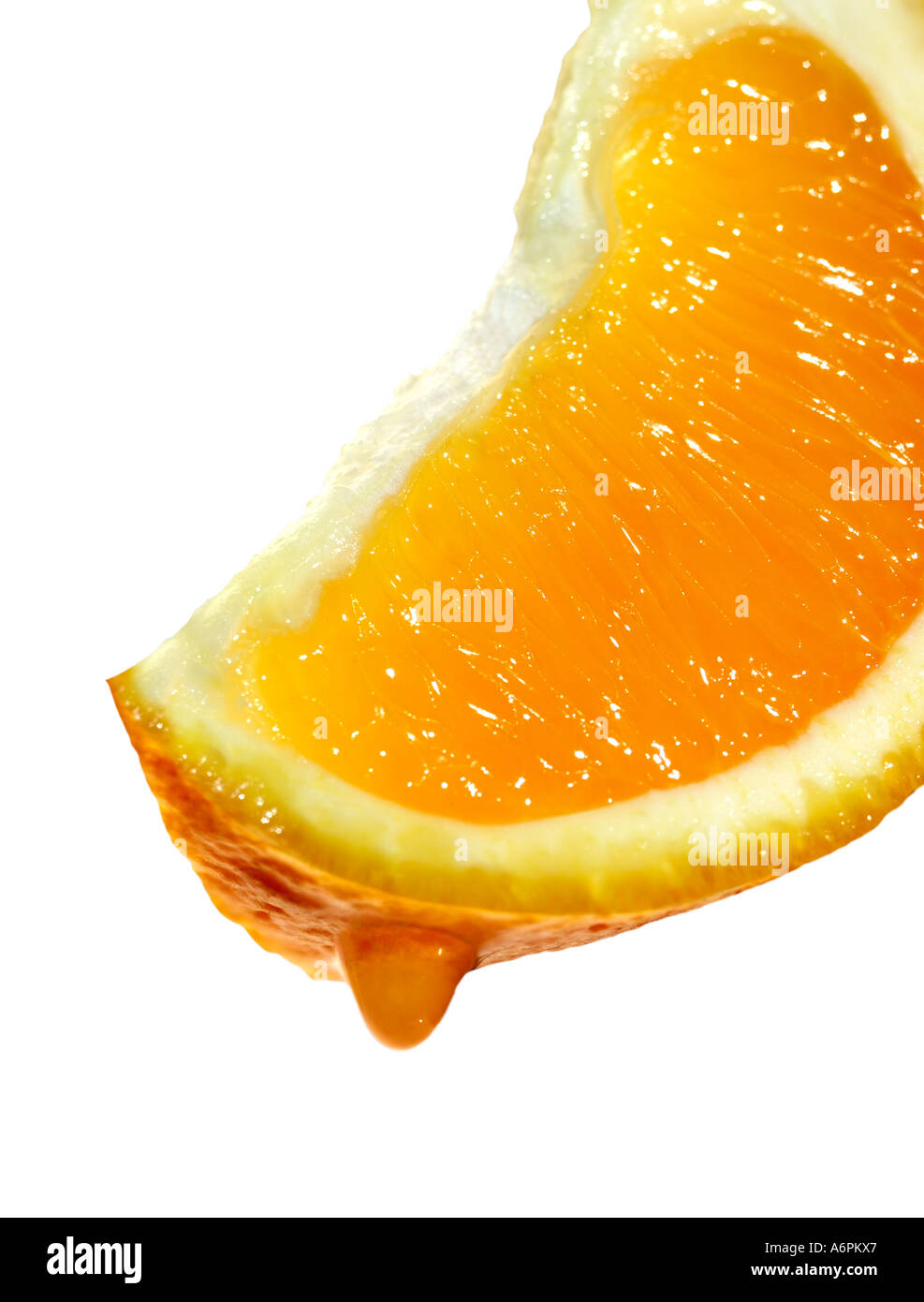JUICY ORANGE SEGMENT WITH A DRIP CUT OUT ON WHITE BACKGROUND Stock ...