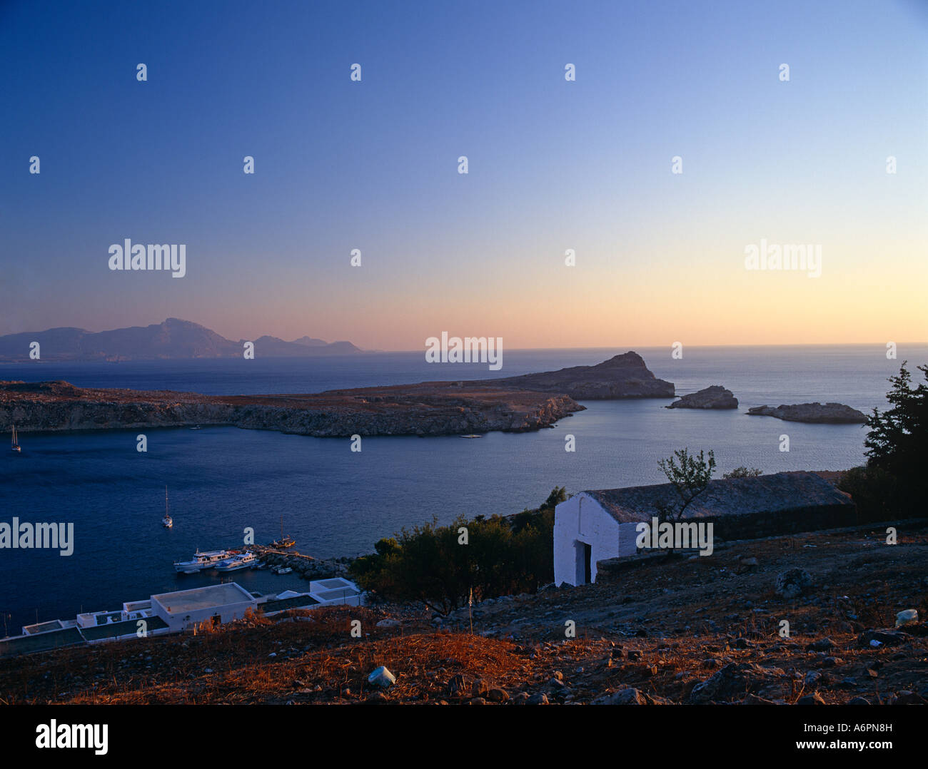 Sunrise Over Lindos Bay Rhodes Greek Islands Hellas Stock Photo - Alamy