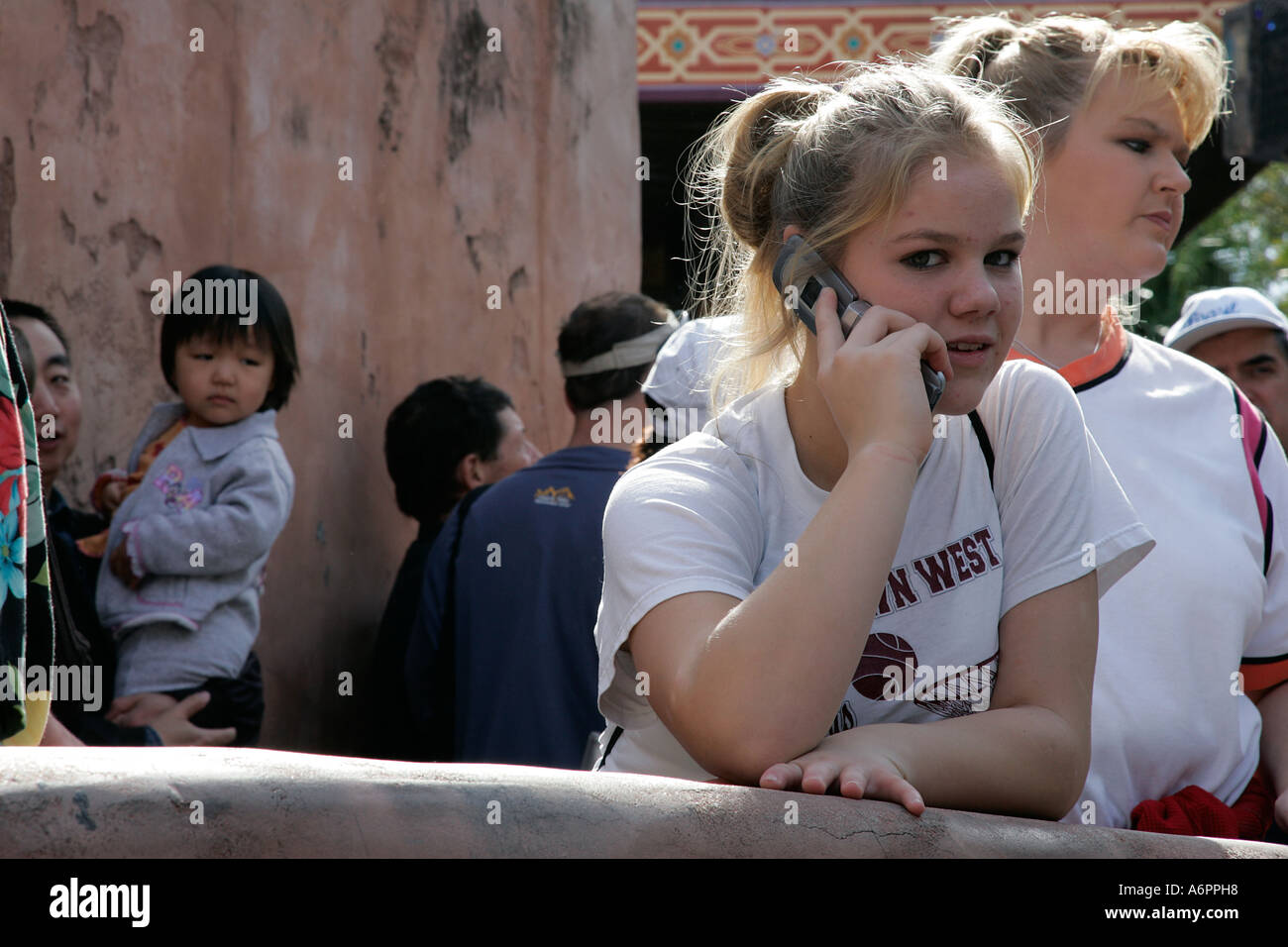 Teenager girl talking mobile phone Handy communication connection speck ...