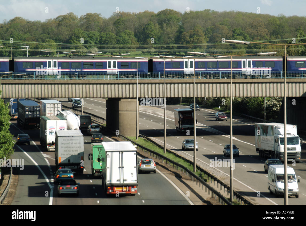 Transport infrastructure railway bridge & fast passenger train crossing ...