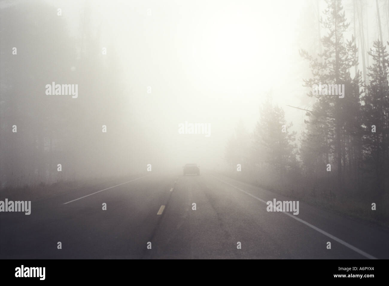 Car driving on a road in fog Stock Photo - Alamy