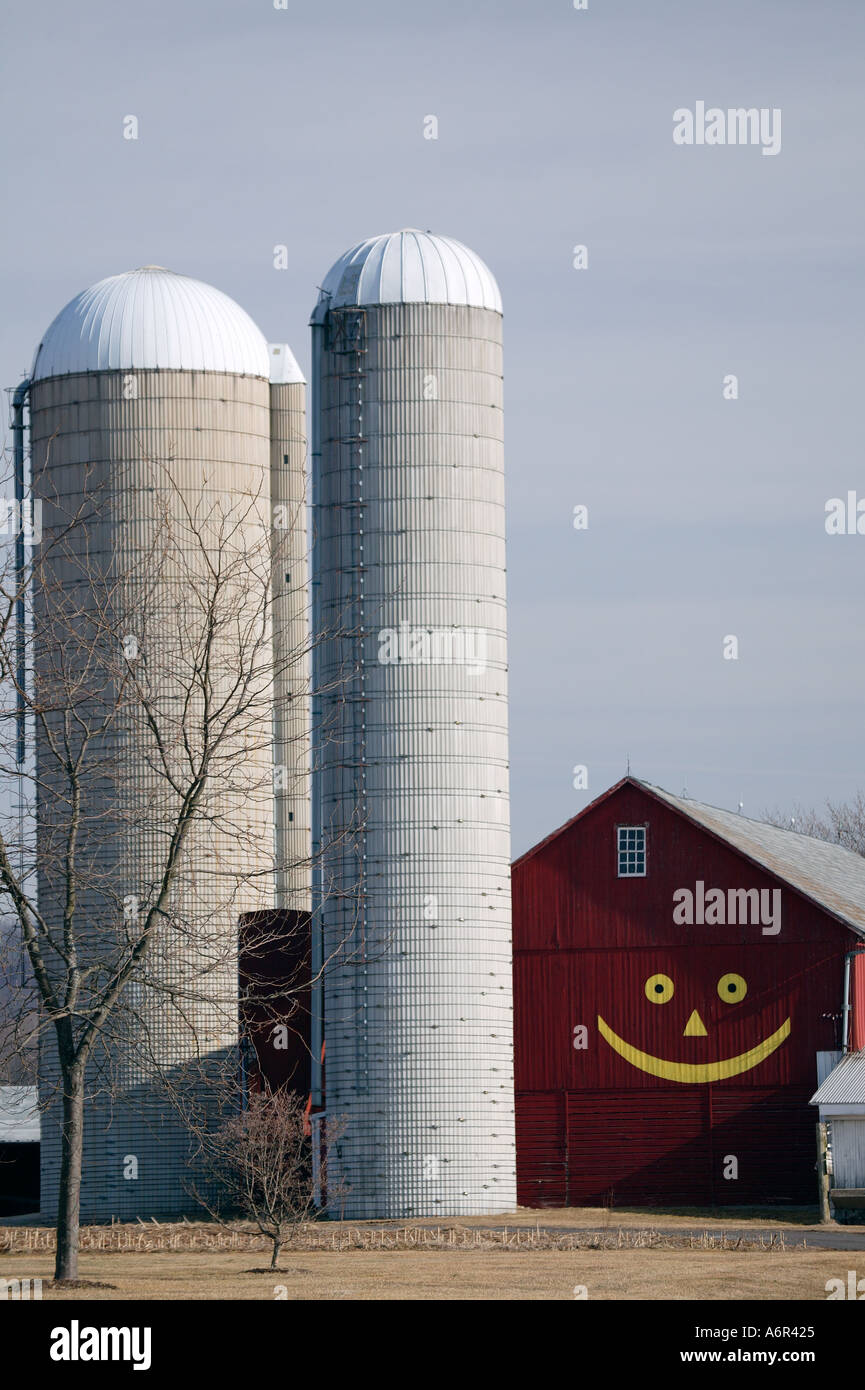 A bright red barn in Lebanon County Pennsylvania with a bright yellow ...