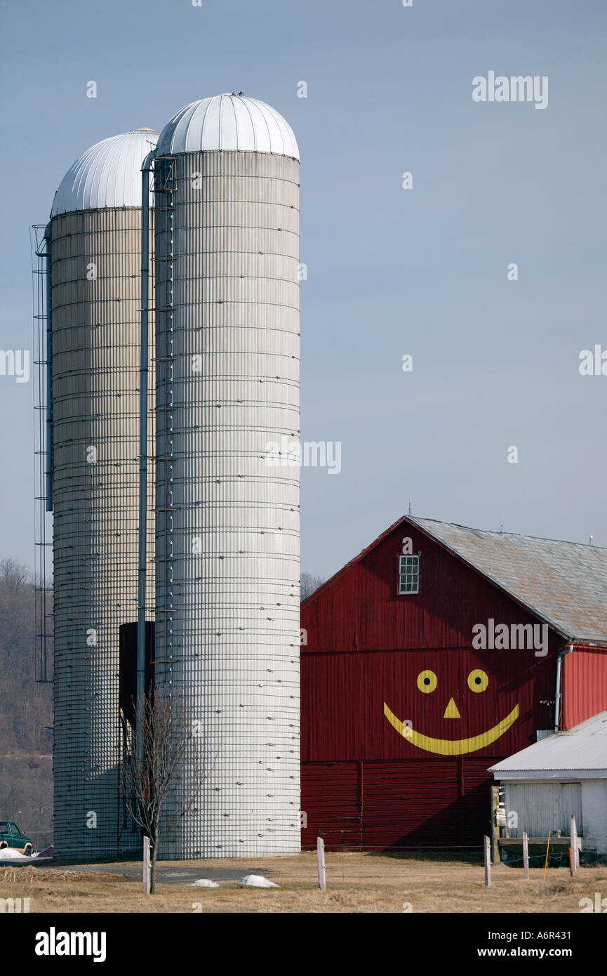 A bright red barn in Lebanon County Pennsylvania with a bright yellow ...