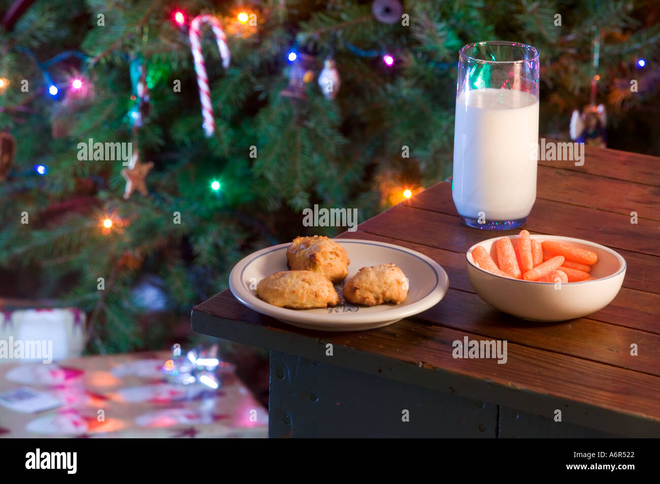 Milk cookies and carrots await Santa Claus near the Christmas tree in ...