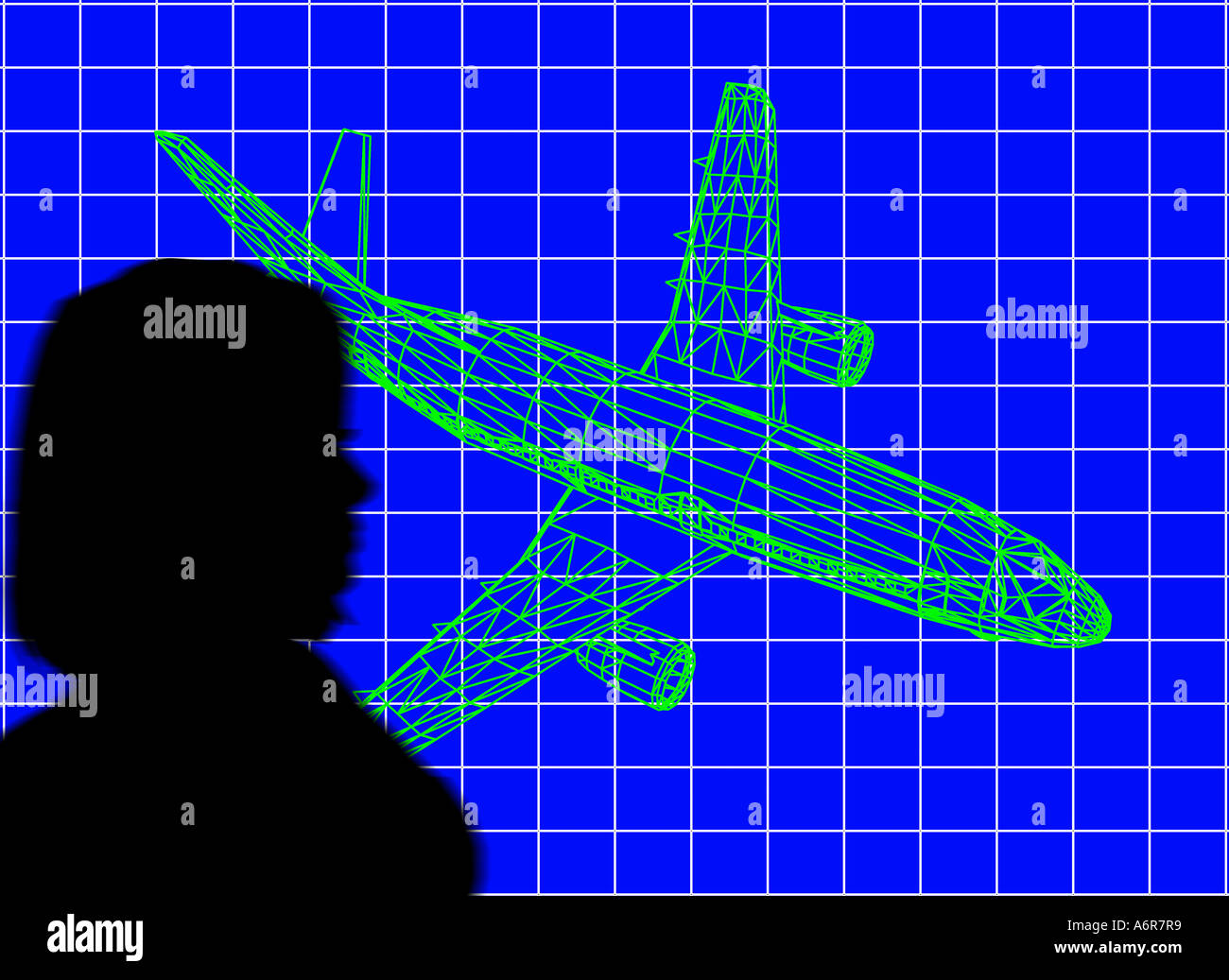 3D wire frame jet airplane image on monitor screen with computer ...