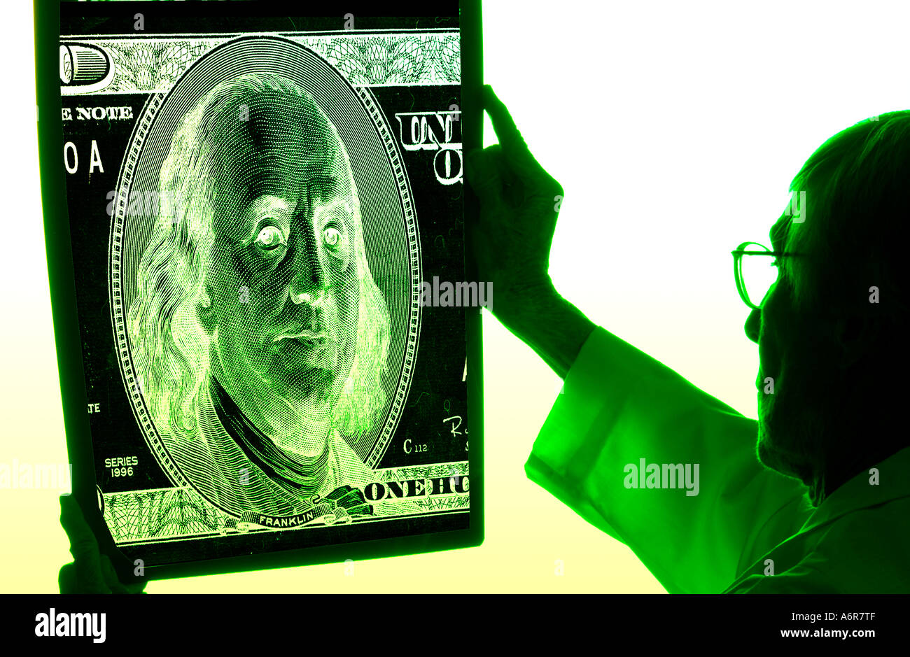 abstract view of large dollar bill being examined technician Stock ...
