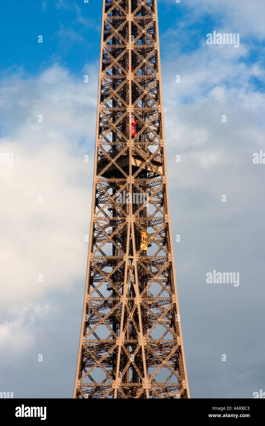 Eiffel Tower upper part visible elevator going up Paris France Europe ...