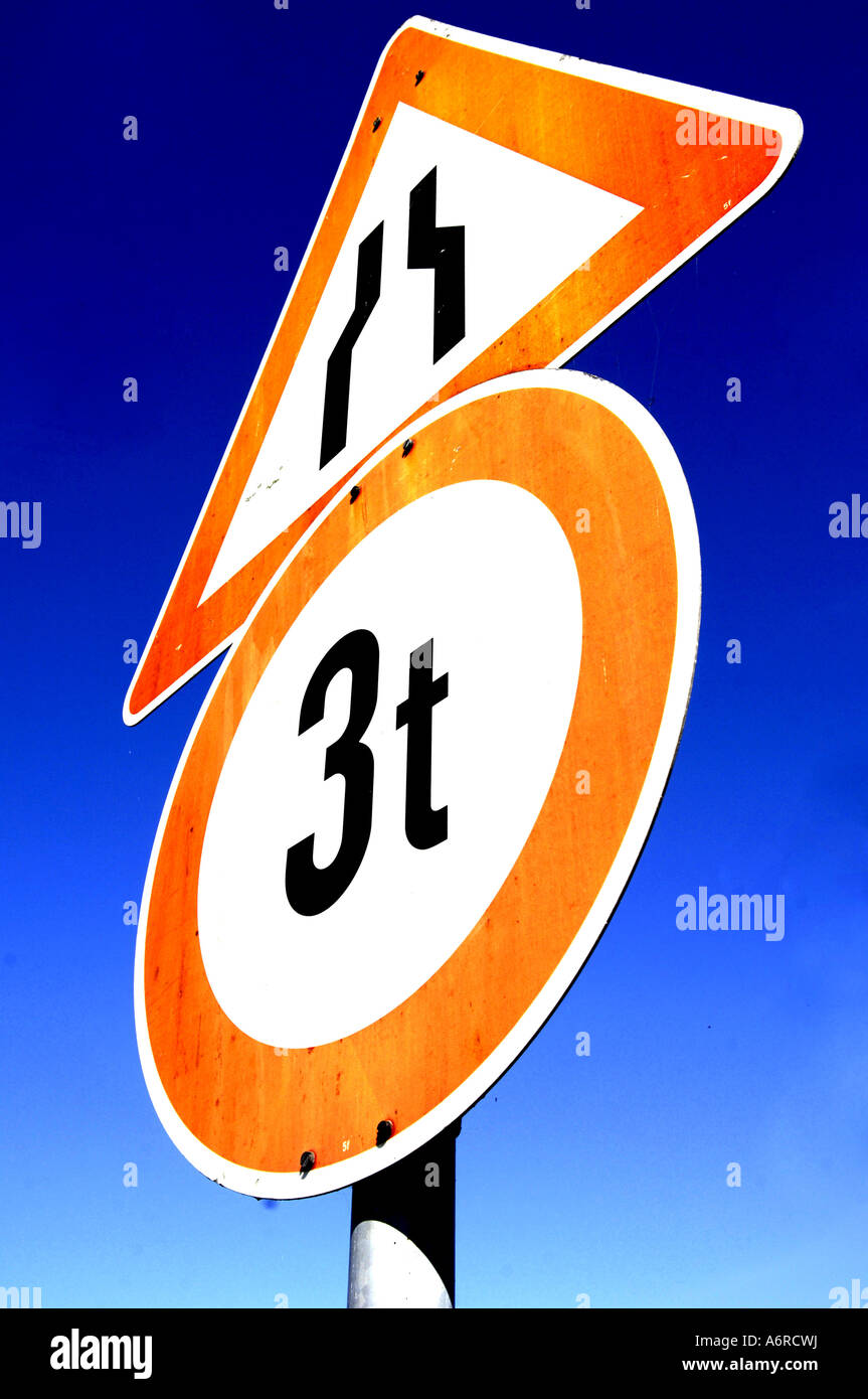 road narrows 3t tons weight limit road sign red white blue triangle ...