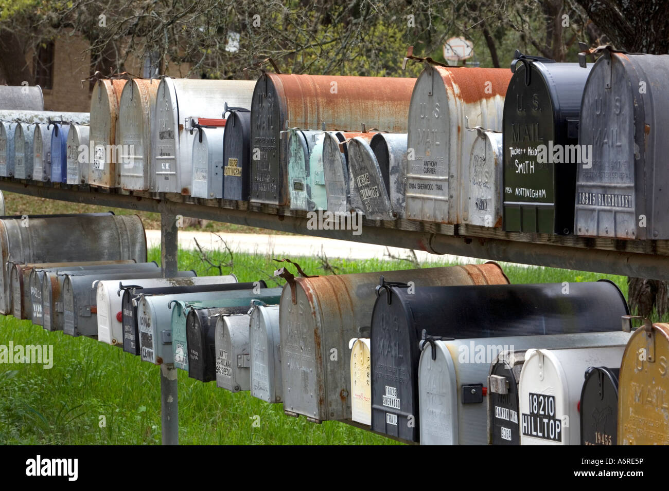 Mailbox rural row along a hill country road near San Antonio Texas ...